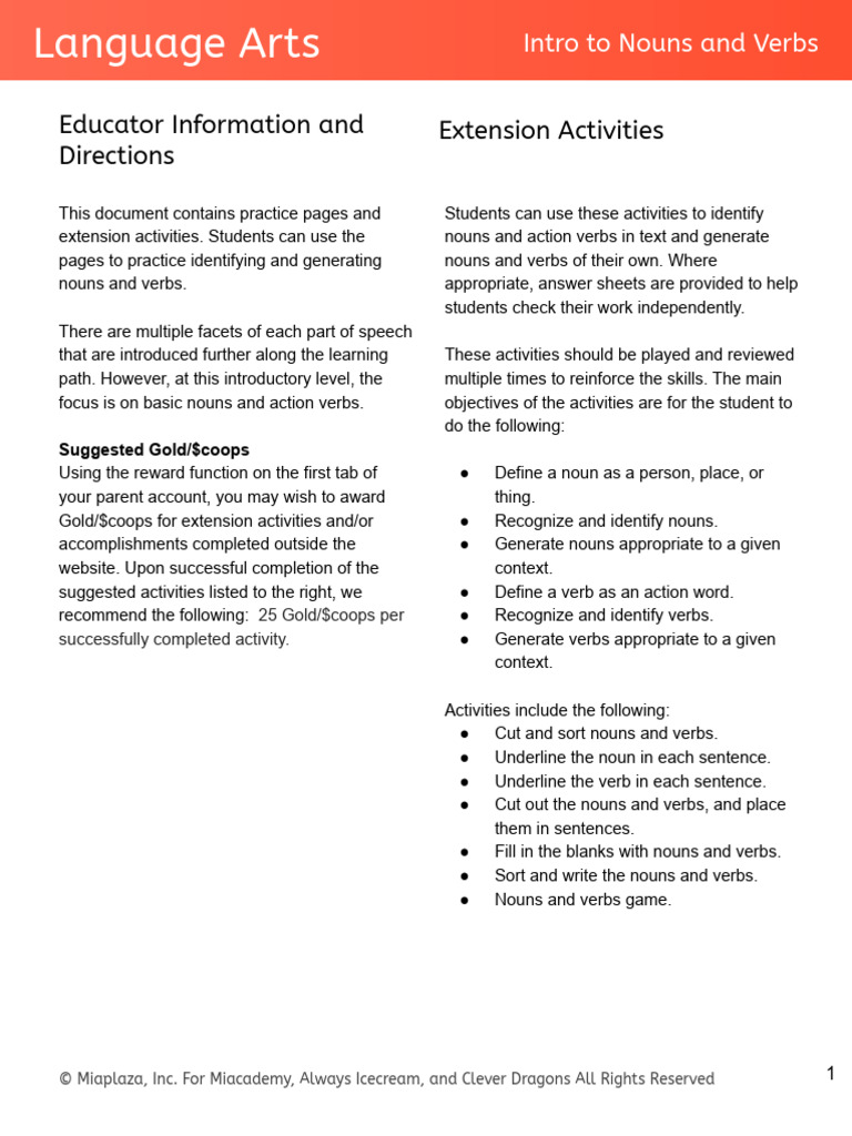 Intro To Nouns and Verbs Student PDF | PDF | Verb | Noun