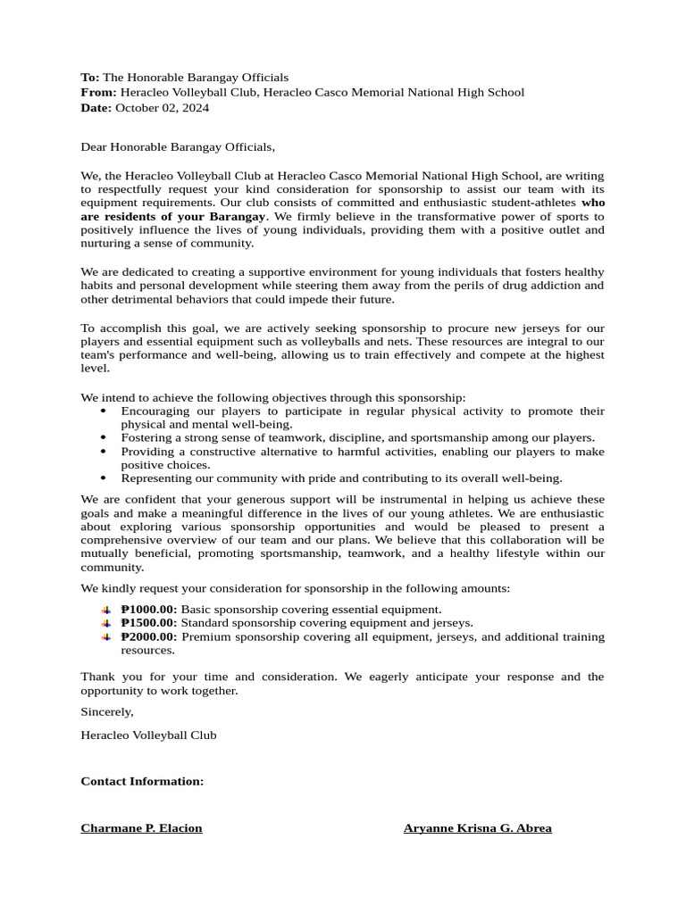 Volleyball Sponsorship Request Letter | PDF | Disciplines | Behavior Modification