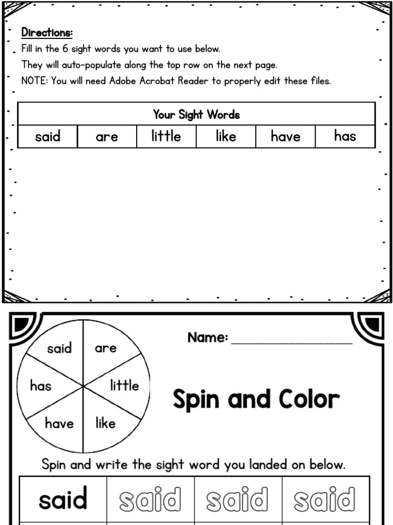 Editable Spin and Color Sight Words For Kids Al Ages Elementary | PDF