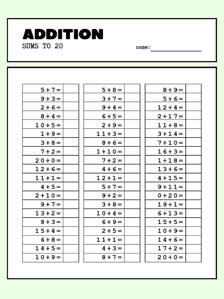 Addition Sums to 20 Math Worksheet in White Green Simple Style | PDF