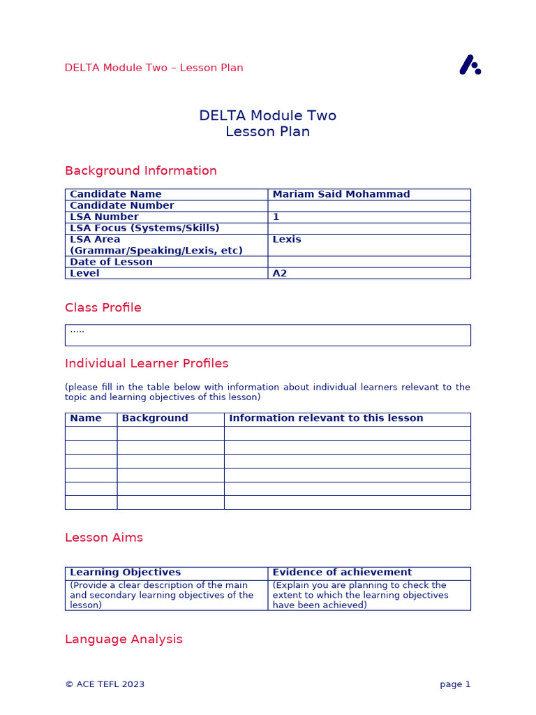 DELTA Lesson Planning Template | PDF | Learning | Lesson Plan