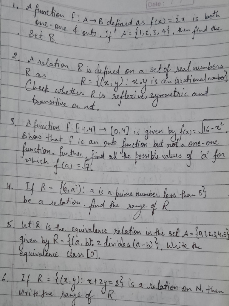 SSP Relation and Functions Class 12th Important Questions - 075108 | PDF