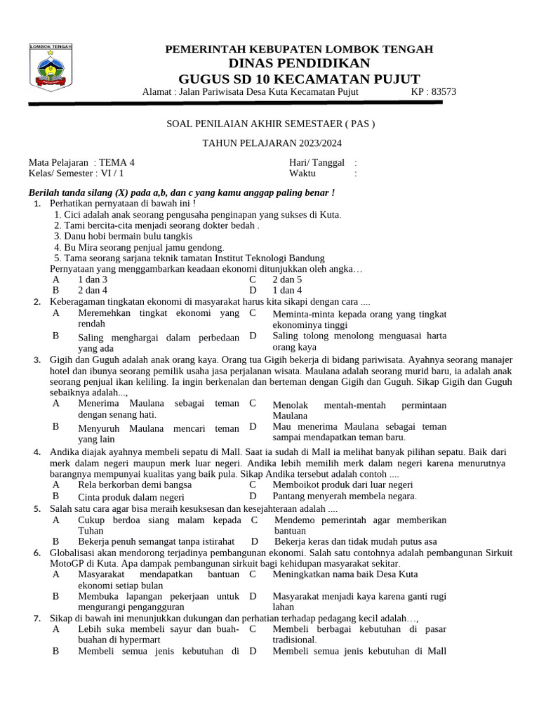 Soal Pas Tema 4 Kelas 6 | PDF