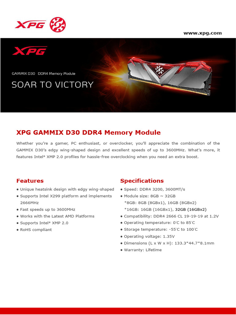 Datasheet XPG Gammix d30 ddr4 Memory Module v1 | PDF | Office Equipment | X86 Architecture