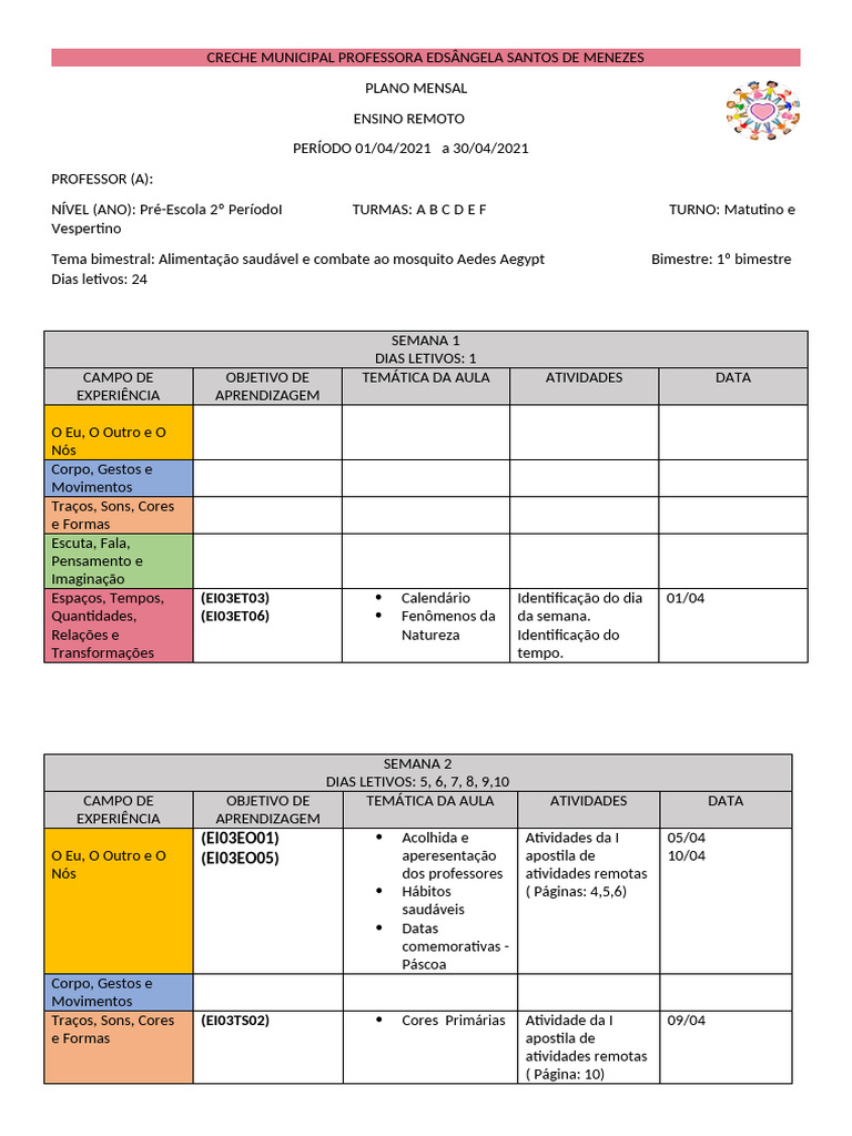 Plano Mensal Meis de Abril | PDF