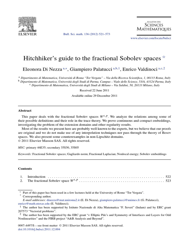 Nezza. Hitchhiker’s guide to the fractional Sobolev spaces, 2011. | PDF ...