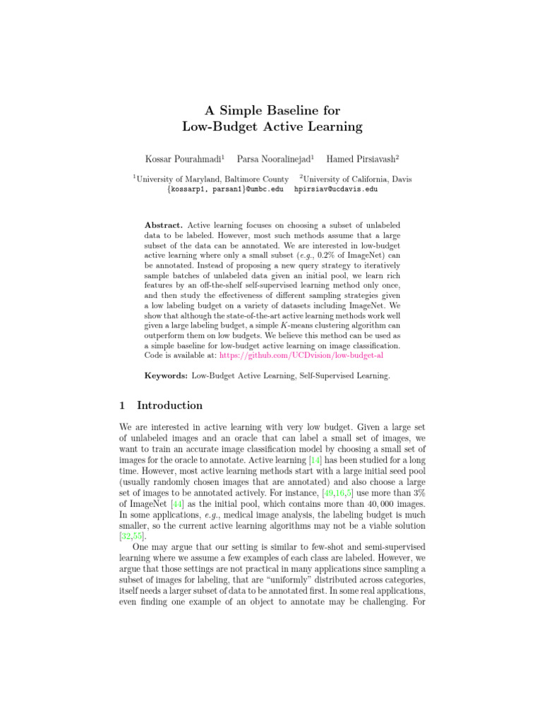 A Simple Baseline For Low-Budget Active Learning | PDF | Cluster ...