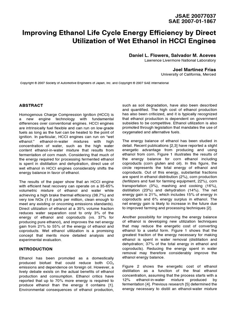 2007 01 1867 Wet Ethanol in HCCI Engines JSAE20077037 | PDF ...