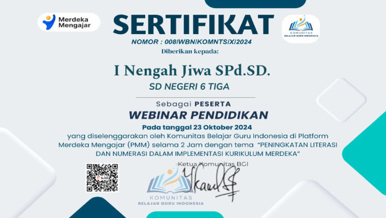 SERTIFIKAT I Nengah Jiwa SPd.SD. WEBINAR PENINGKATAN LITERASI DAN NUMERASI | PDF