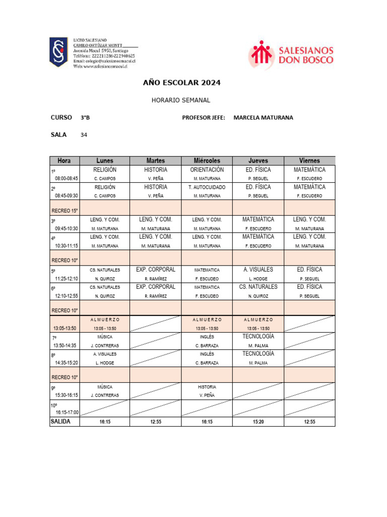 Horario Semanal 3°B 2024 | PDF