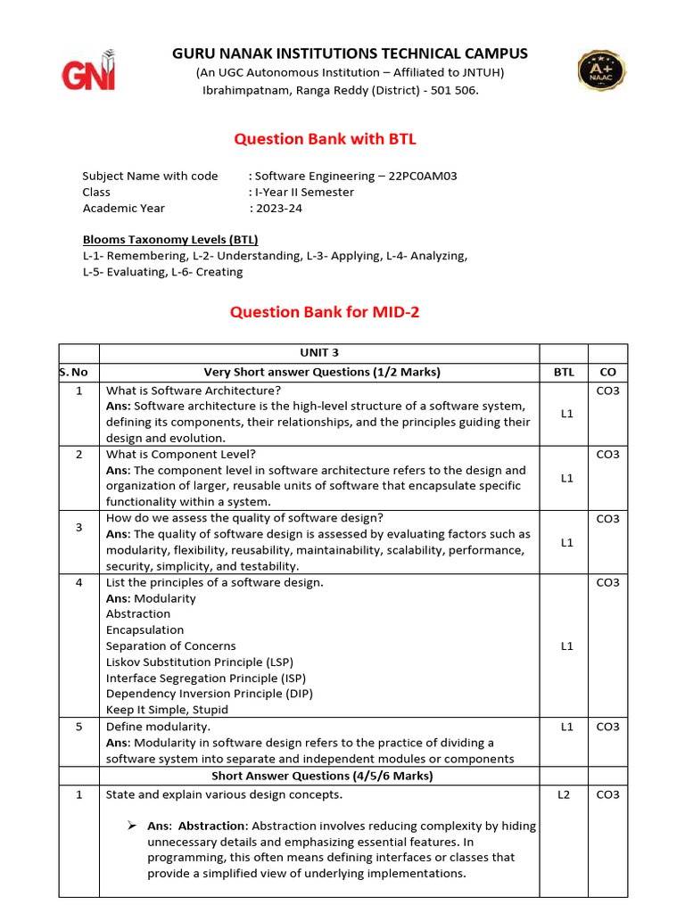 Software Engineering - Question Bank With Answers | PDF | Software ...