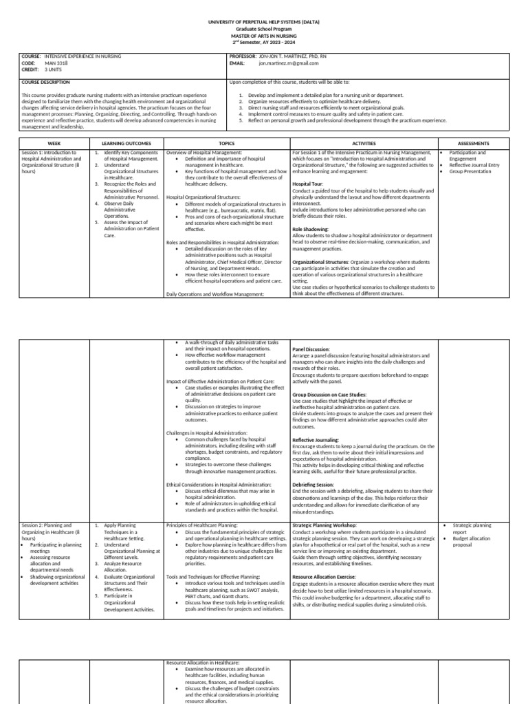 Practicum in Nursing Syllabus | PDF | Leadership | Health Care