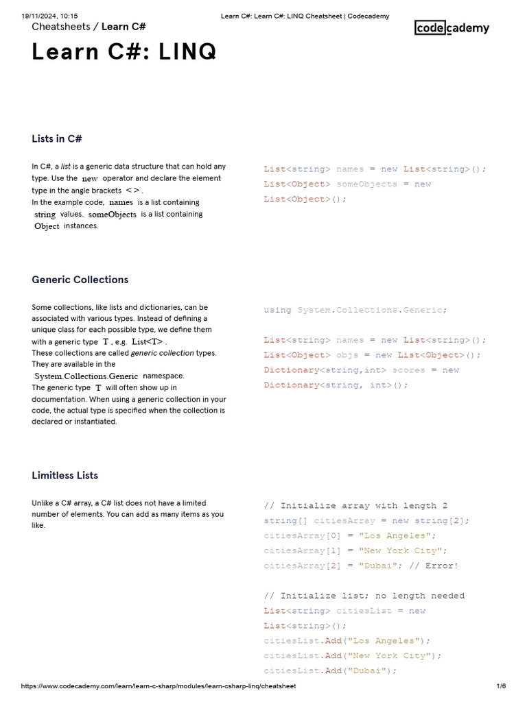 Learn C#_ LINQ_Cheatsheet _ Codecademy | PDF | C Sharp (Programming Language) | Language ...