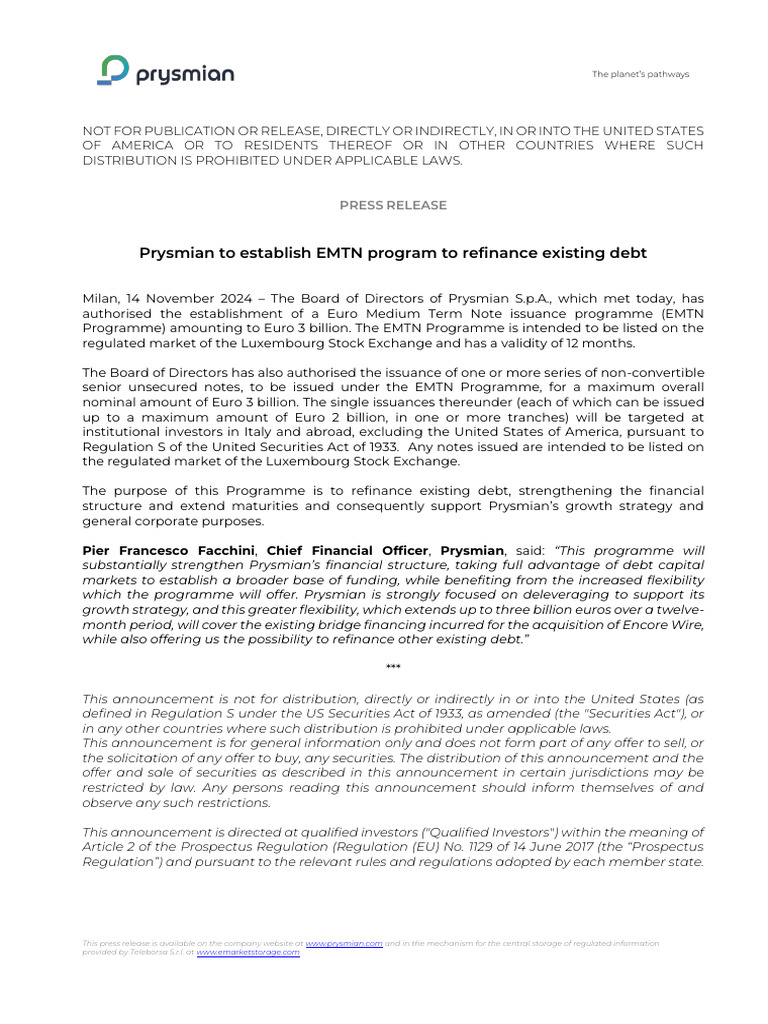 PR 2024 11 14 Prysmian To Establish EMTN Programme ENG - 1 | PDF ...