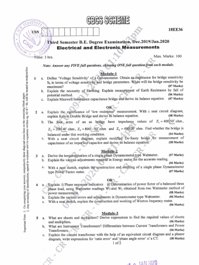 VTU Question Paper of 18EE36 Electrical and Electronic Measurements Dec ...