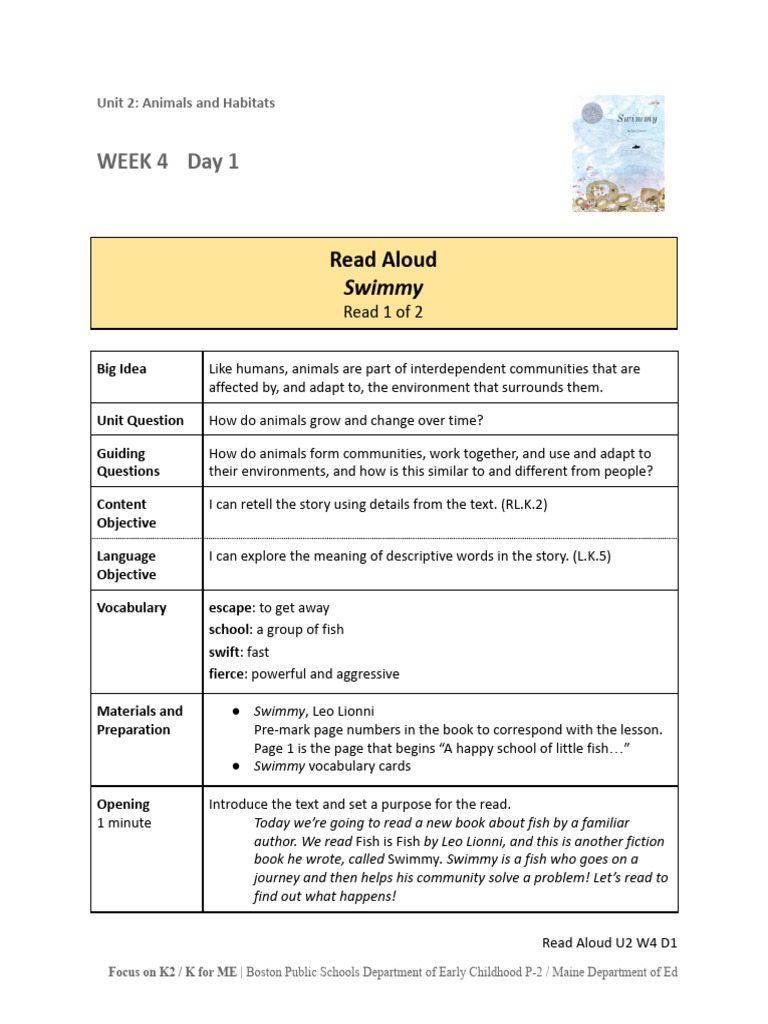 D K For ME Read Aloud 4.1 Swimmy Read 1 | PDF