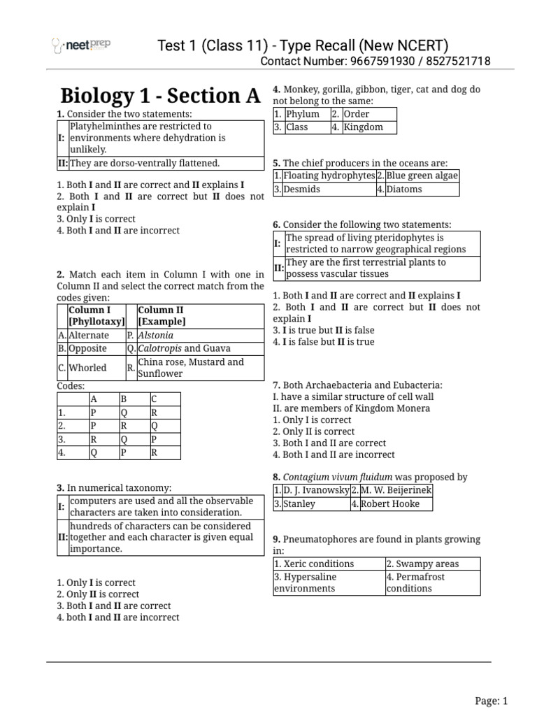 Test 1 (Class 11) - Type Recall (New NCERT) | PDF | Meiosis | Plant Stem