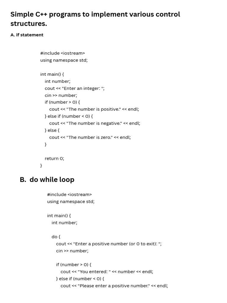 Simple C++ Programs to Implement Various Control Structures. | PDF | Namespace | C++