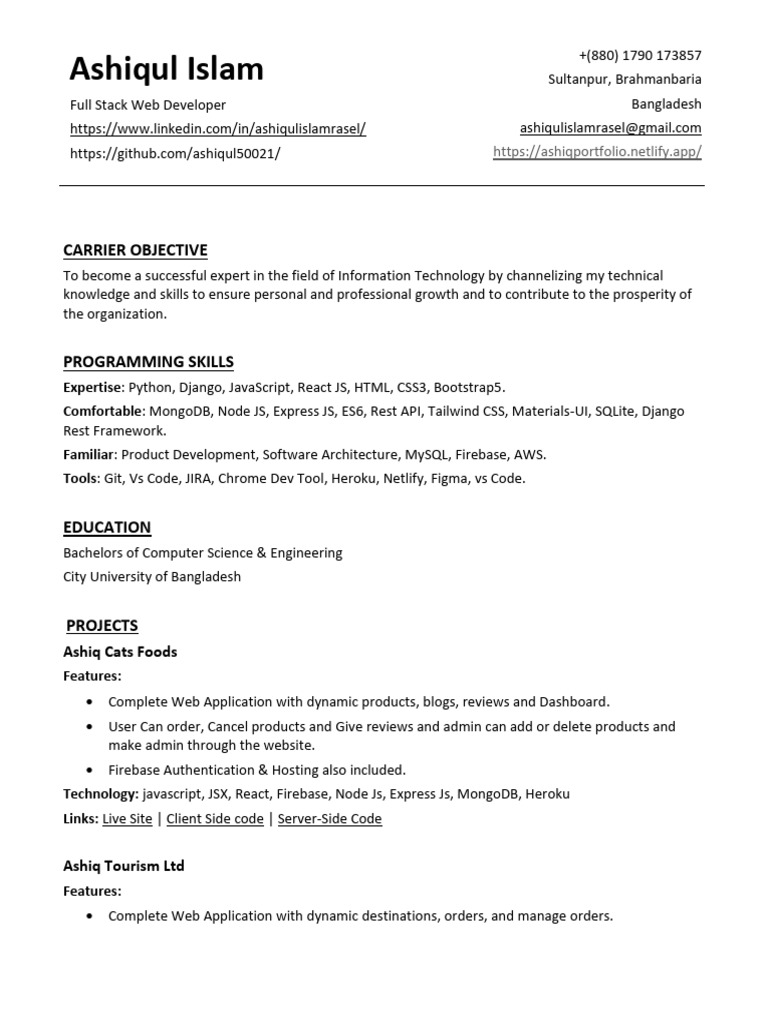 ashiqul-islam-resume | PDF | Java Script | Web Application