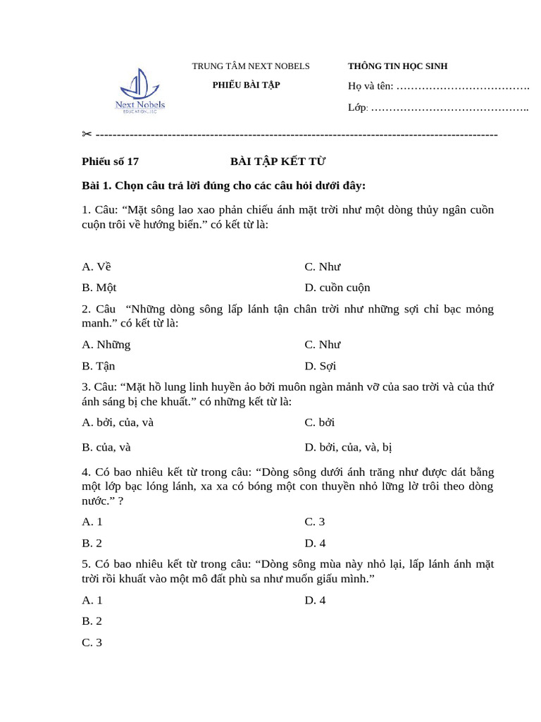 Phiếu 17- BTVN kết từ -2024 | PDF