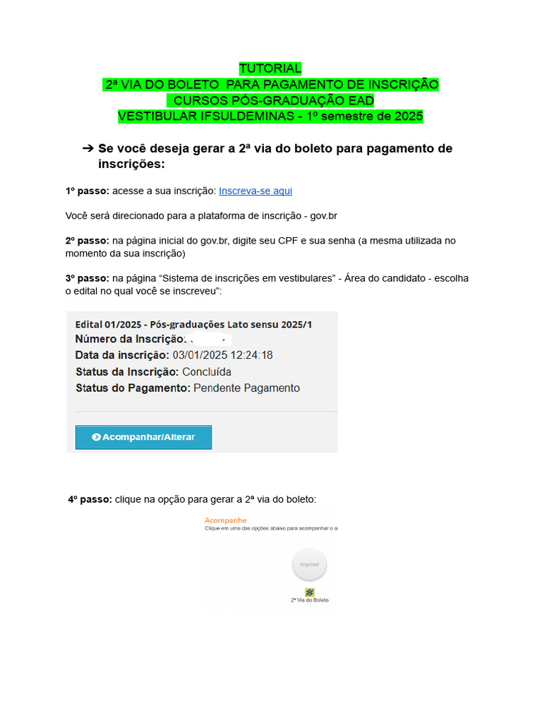 Tutorial - 2 Via Do Boleto - Pós-Graduação 2025.1 | PDF