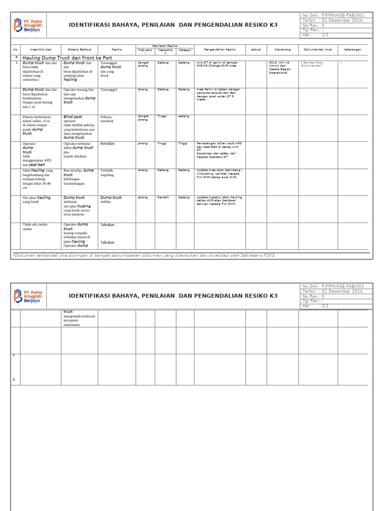 P-FRM-K3-001 Identifikasi Bahaya, Pengendalian dan Penilaian Resiko K3 | PDF