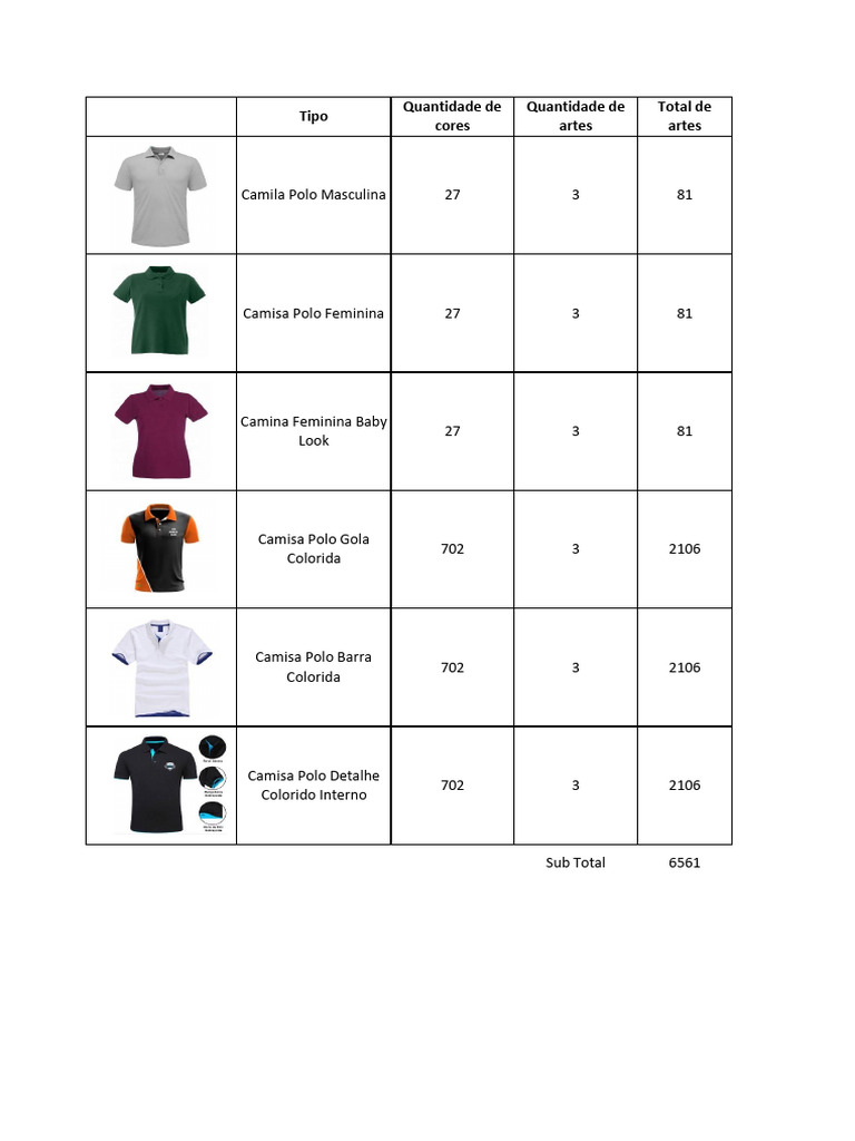 Tabela Camisas | PDF