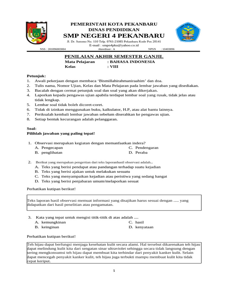 Bahasa Indonesia Soal Pas Ganjil 2023-2024 Viii | PDF