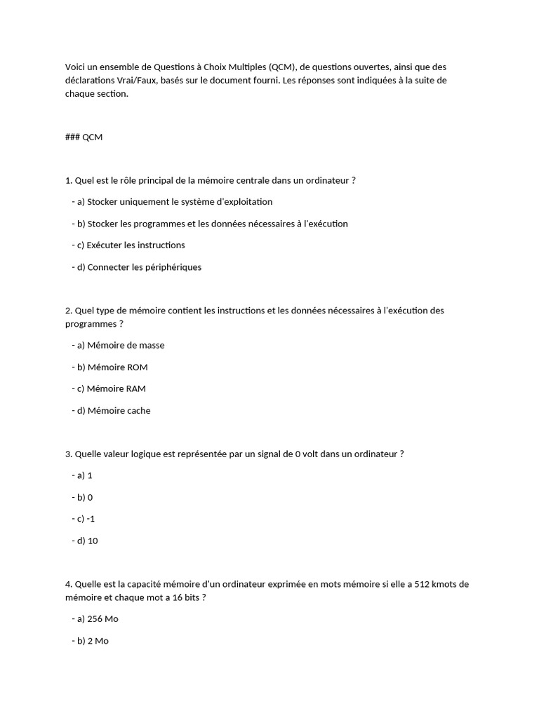 QCM et Questions sur la Mémoire d'Ordinateur | PDF | Mémoire ...