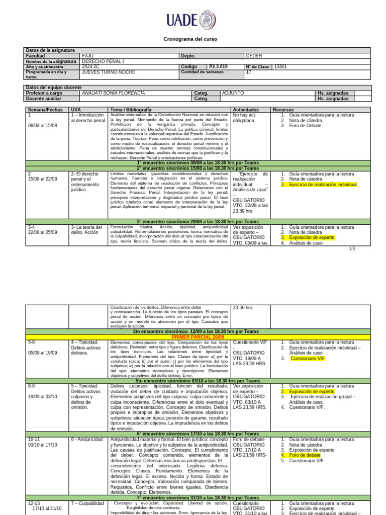 Cronograma Penal I Virtual 2c 2024 | PDF | Derecho penal | Intención ...