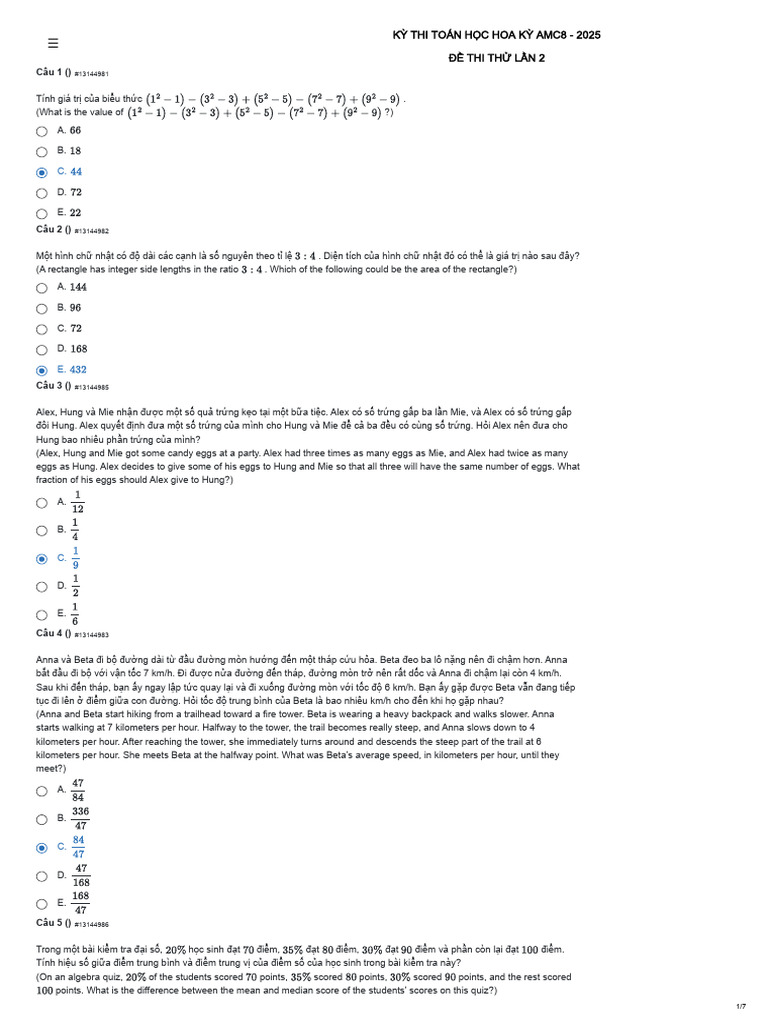 De Va Dap An Thi Thu Lan 2 AMC8 2025 | PDF
