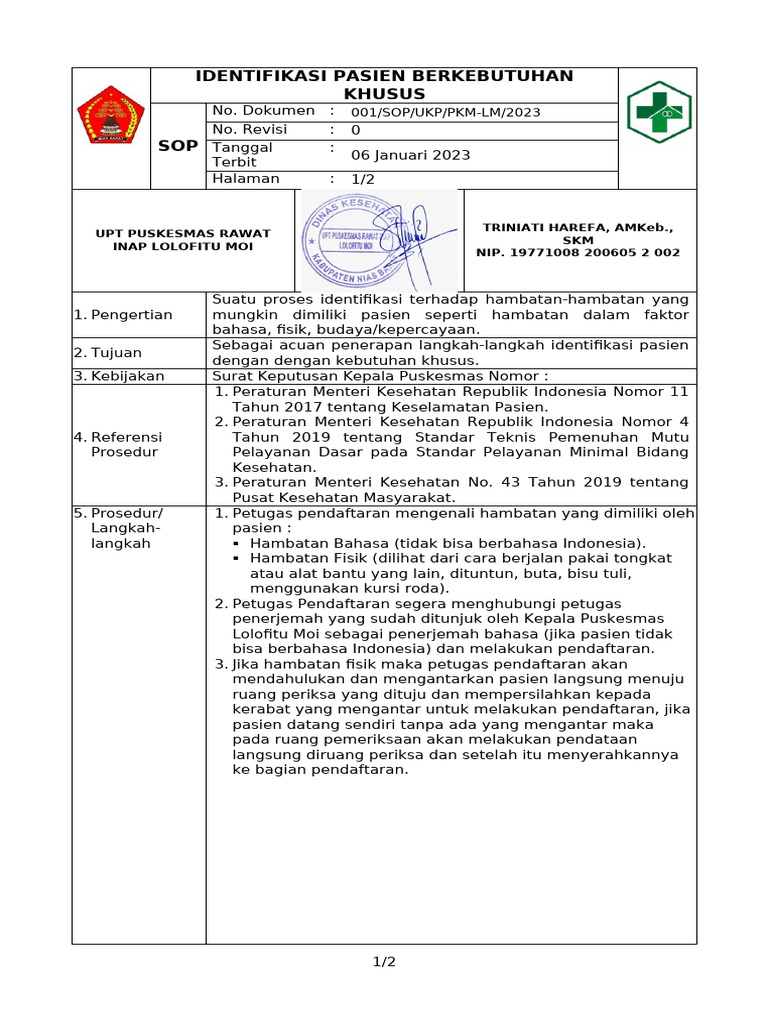 SOP Identifikasi dan Pemenuhan Kebutuhan Pasien dengan Resiko, Kendala, dan Kebutuhan Khusus ...