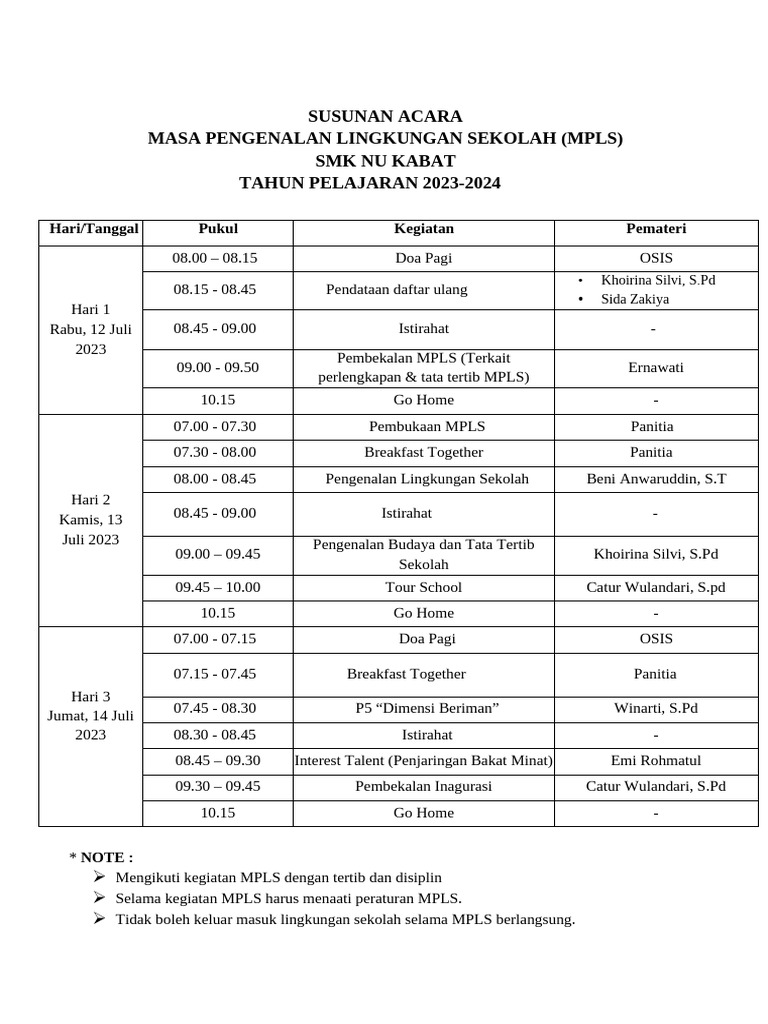 Susunan Acara Mpls & Inagurasi 2023-2024 | PDF