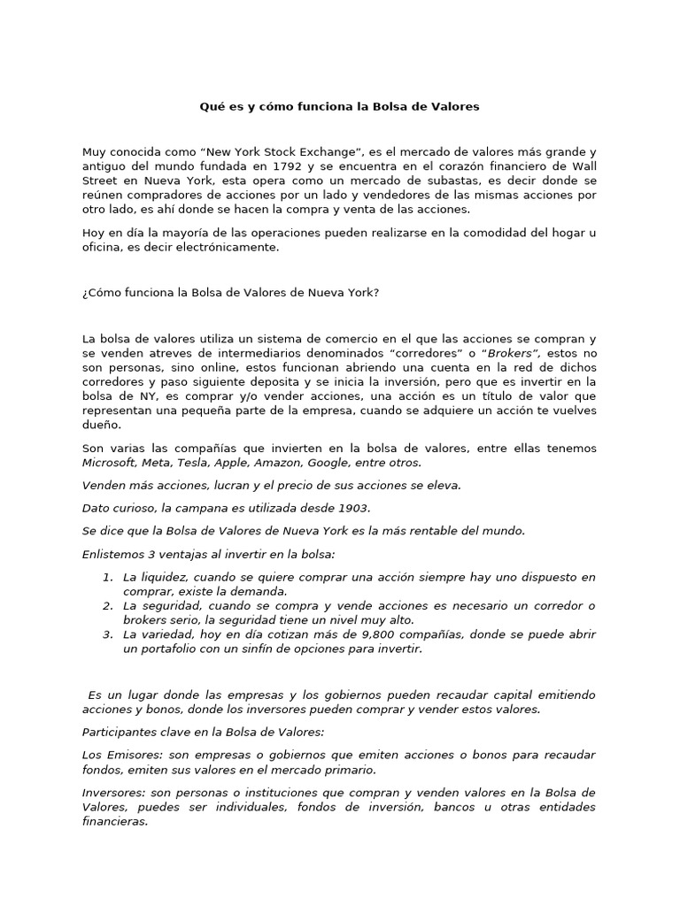 Que Es y Como Funcion La Bosla de Valores | PDF | Bolsa | Bolsa de ...