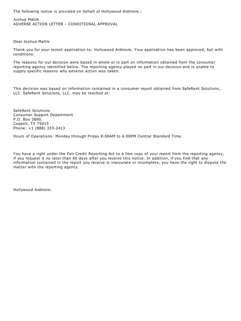 Conditional Adverse Action Letter | PDF | Credit History | Credit Card