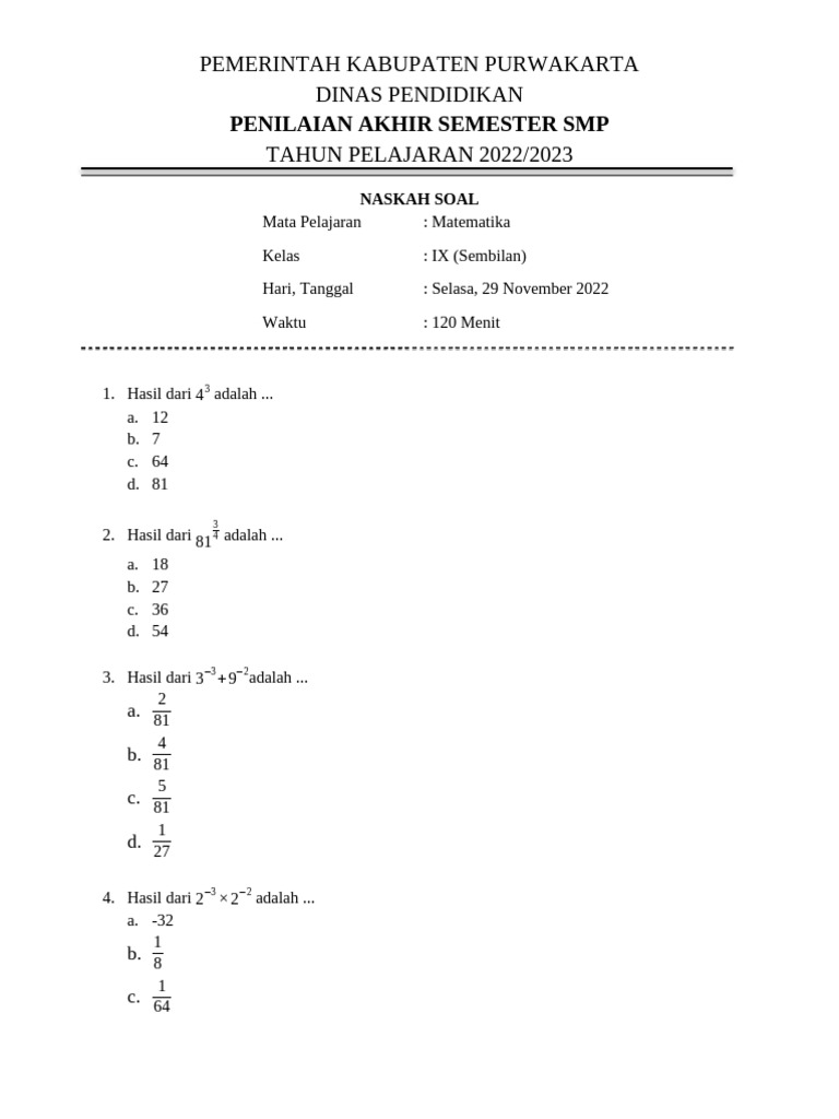 Bu Ambar Pas Matematika Kelas 9 2022-2023 | PDF