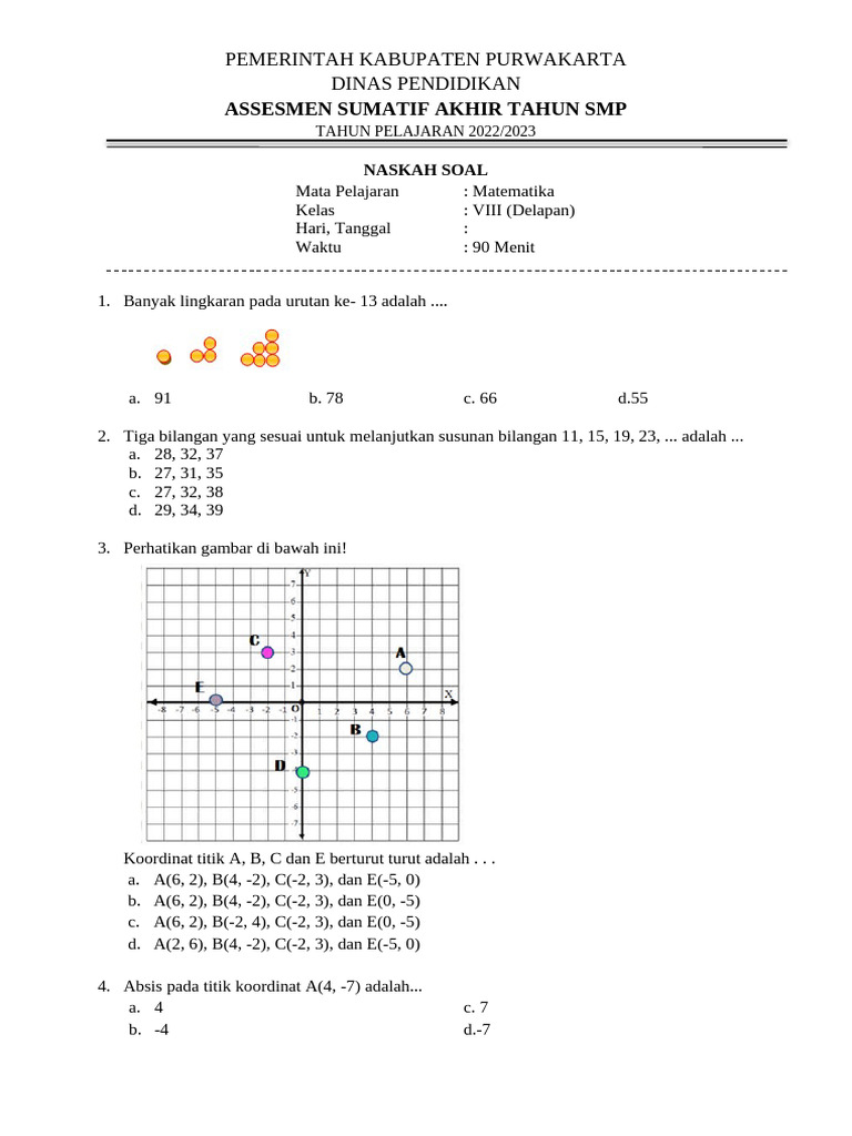 Soal Pat Matematika Kelas 8 22-23 | PDF