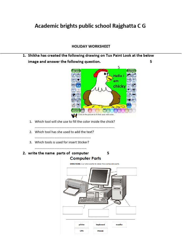 Class 1 Computer Holiday Worksheet | PDF