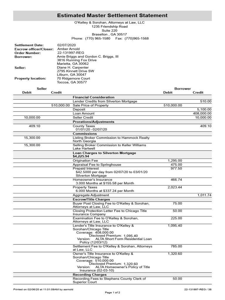Estimated Master Settlement Statement | PDF | Title Insurance | Insurance