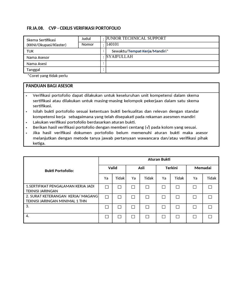 Ceklis Verifikasi Portofolio Junior Technical Support | PDF