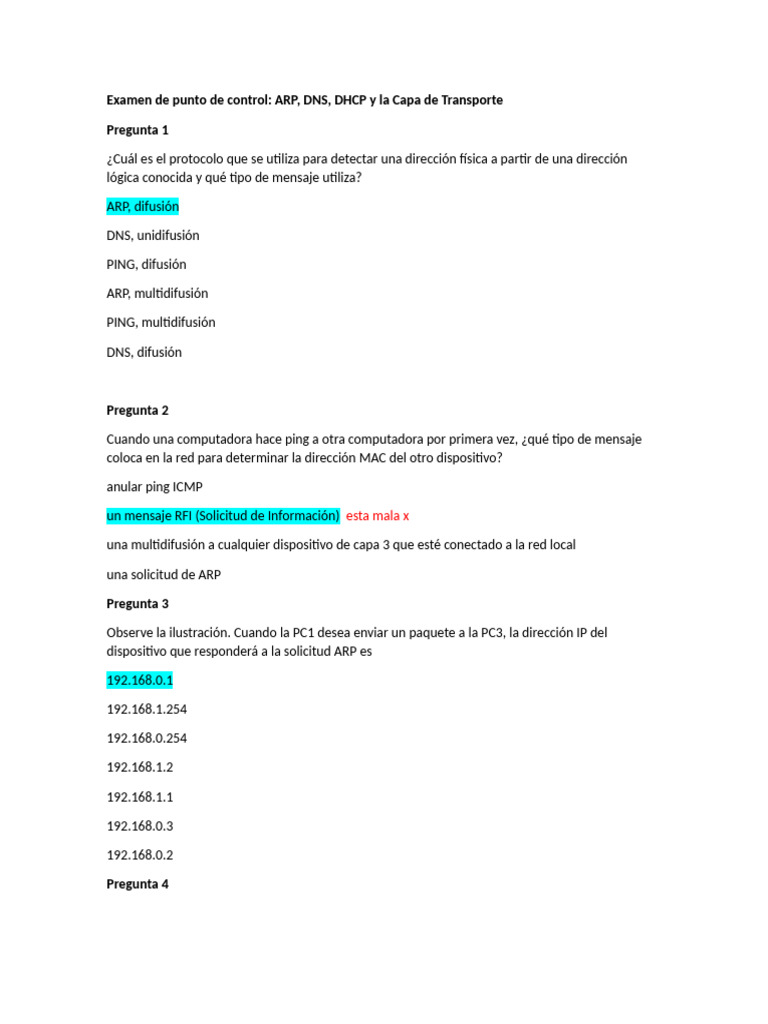 Examen de Punto de Control - ARP, DNS, DHCP y La Capa de Transporte | PDF | Dirección IP ...