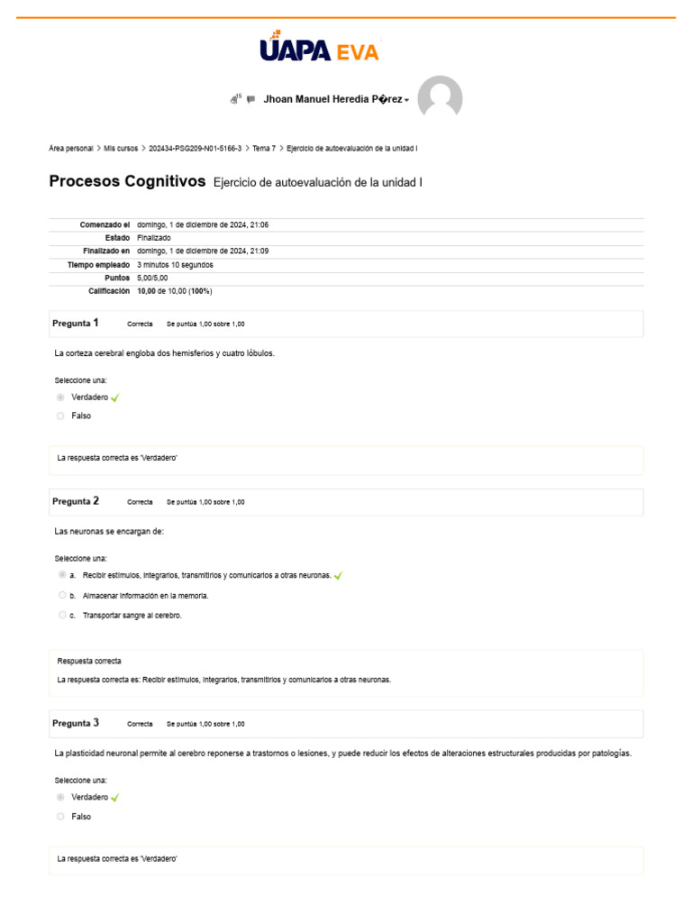 Ejercicio de Autoevaluación de La Unidad I Procesos Cognitivos | PDF | Cerebro | Lóbulo temporal