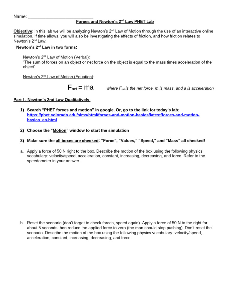10.28 - PHET Newtons 2nd Law | PDF | Force | Newton's Laws Of Motion