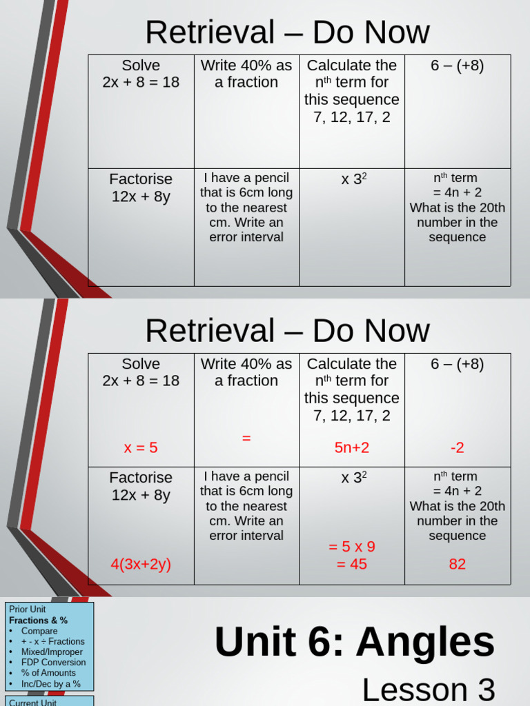 Math Retrieval Practice: Equations & Angles | PDF | Mean | Triangle