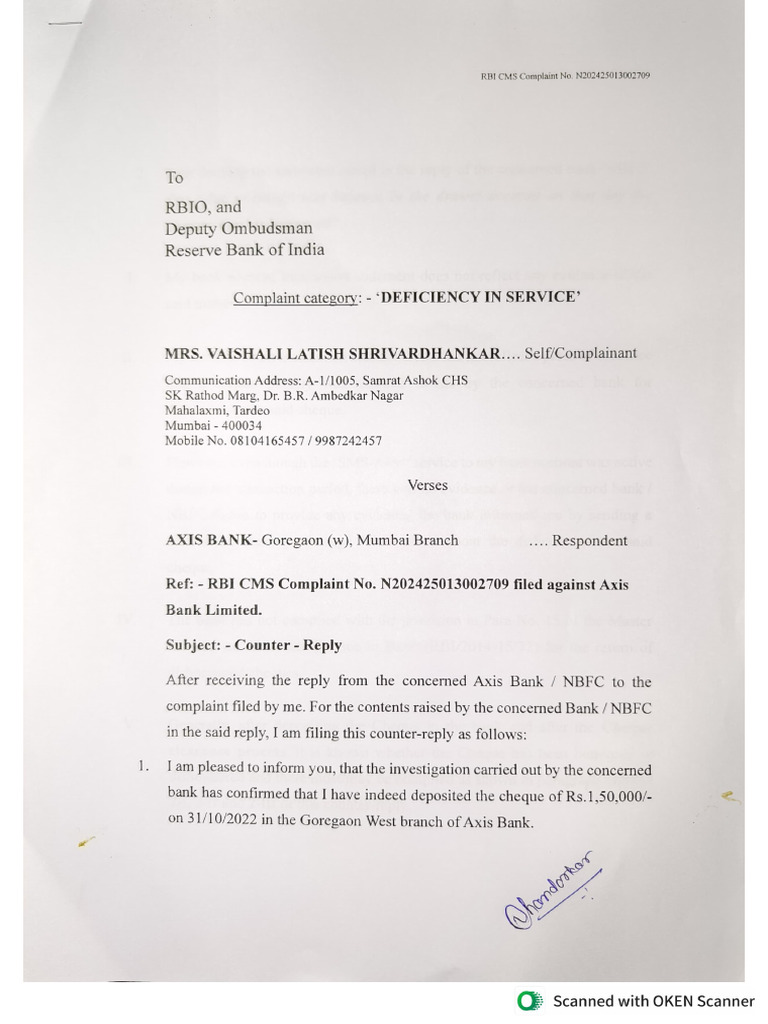 Counter Reply RBI CMS Complaint No. | PDF