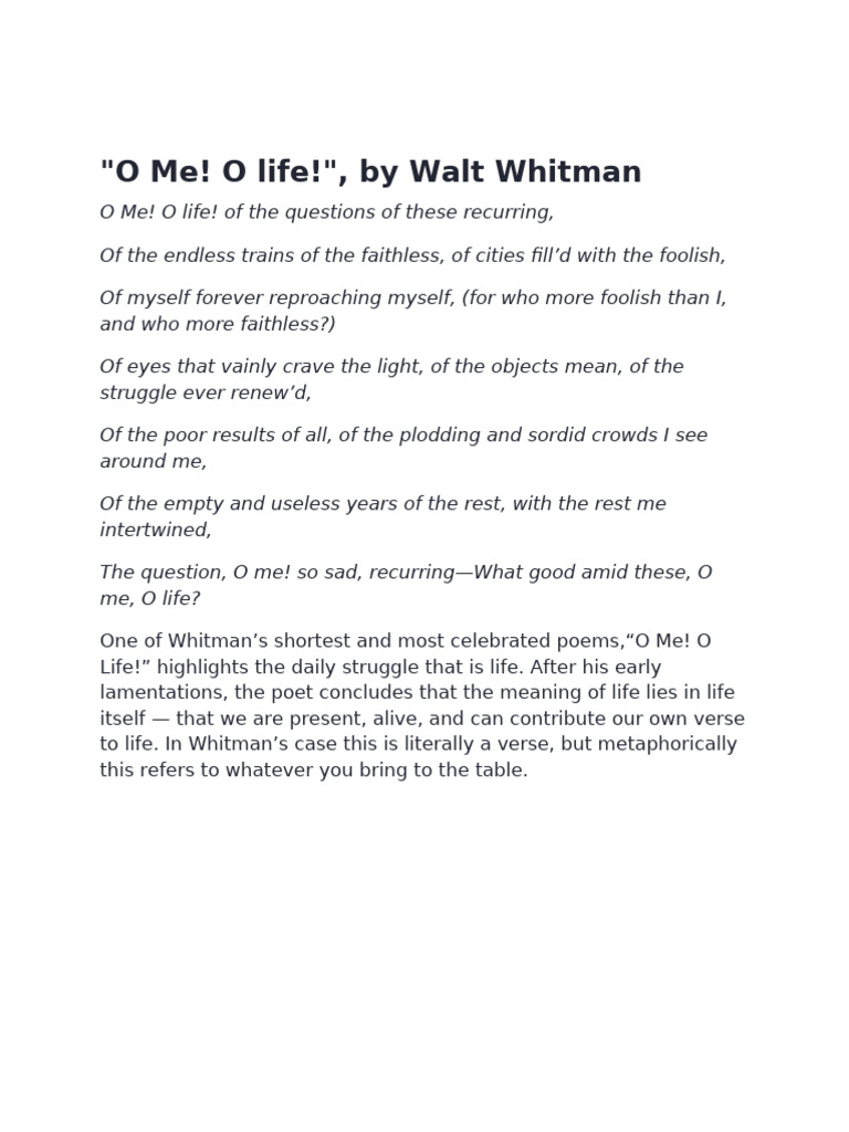 "O Me! O Life! - Whitman's Reflection" | PDF