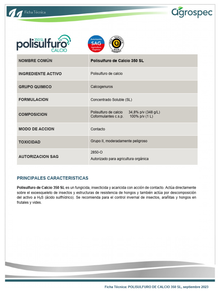 Ficha Técnica Polisulfuro de Calcio 350 SL | PDF