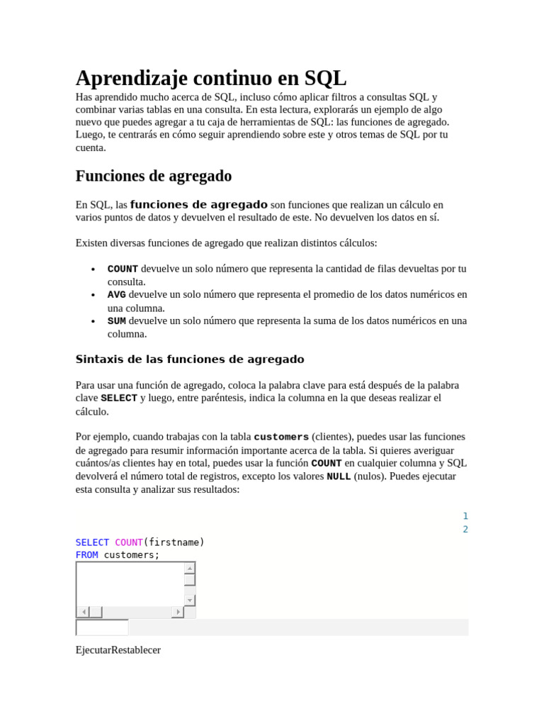 Aprendizaje continuo en SQL | PDF | SQL | Informática