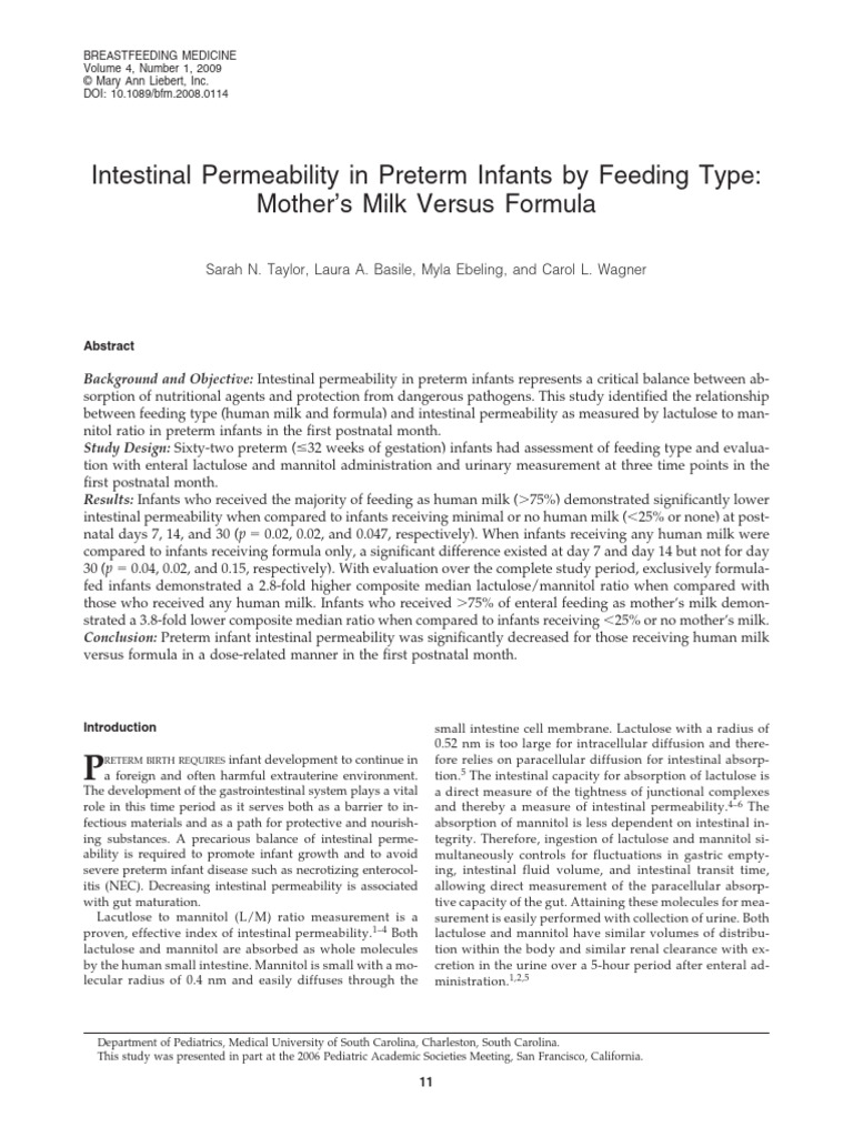 Human Milk Reduces Intestinal Permeability | PDF | Preterm Birth ...