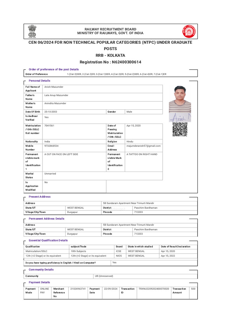 Rrbapply - Gov.in # Pscexamservice Candidate View Application Id ...